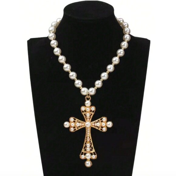 Etsy | Jewelry | Stunning Gold Pearl Cross Necklace Nwt | Poshmark